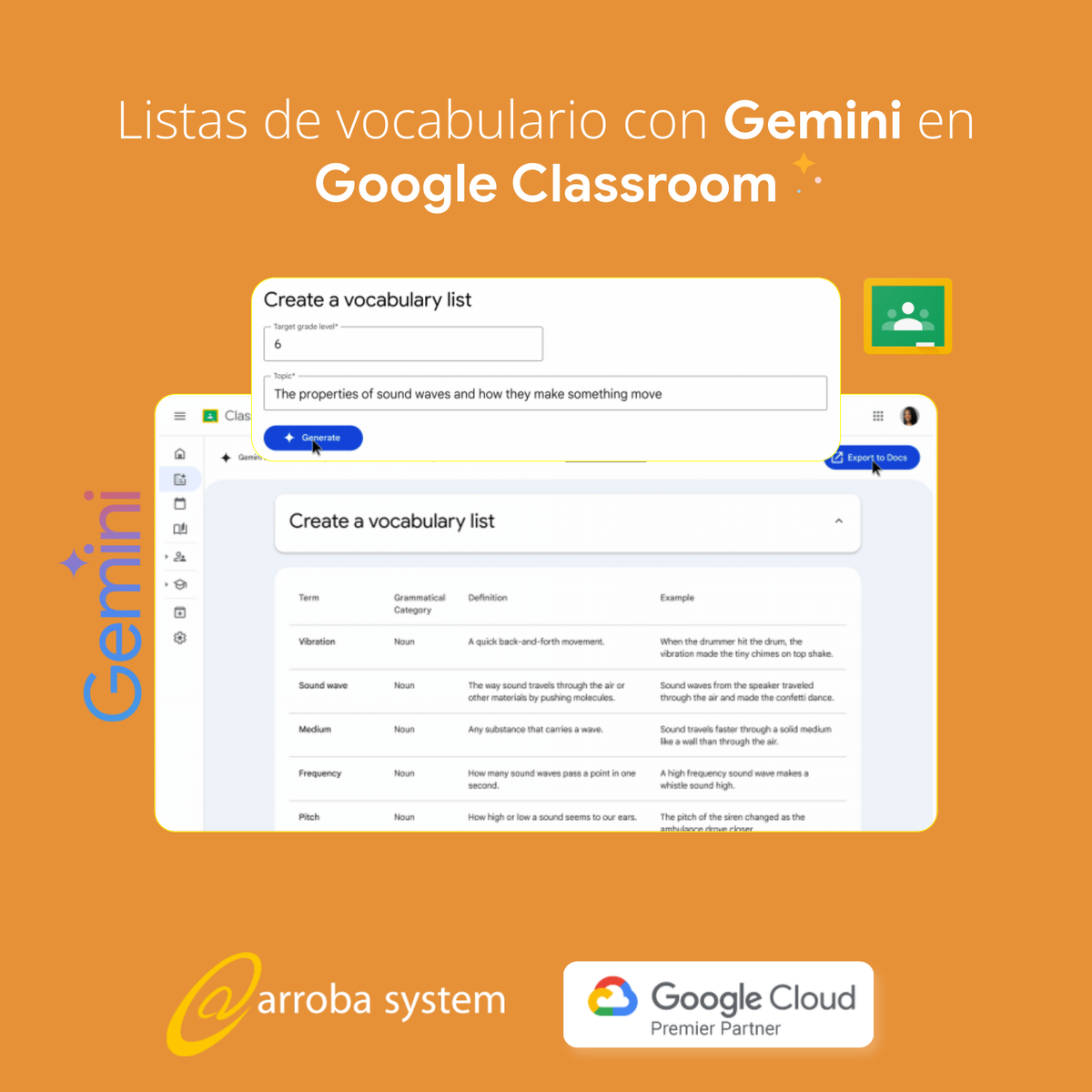 Listas de vocabulario con Gemini en Google Classroom | Arroba...